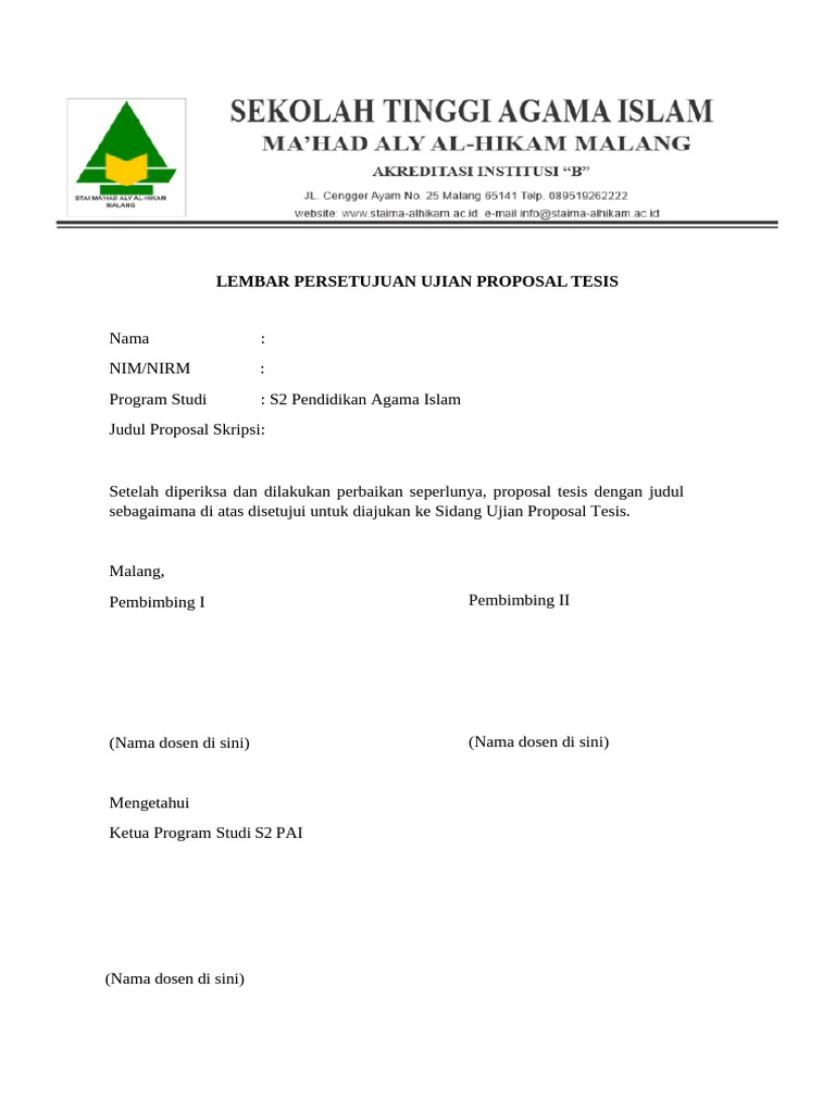 Lembar Persetujuan Ujian Proposal Tesis | PDF