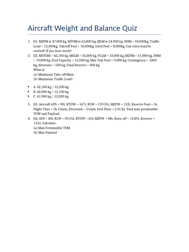 Aircraft Weight Balance Quiz | PDF