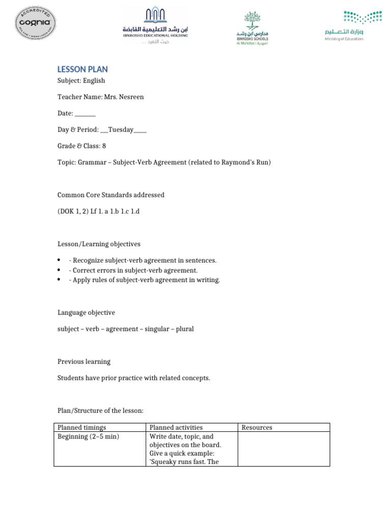 Subject-Verb Agreement Lesson Plan | PDF