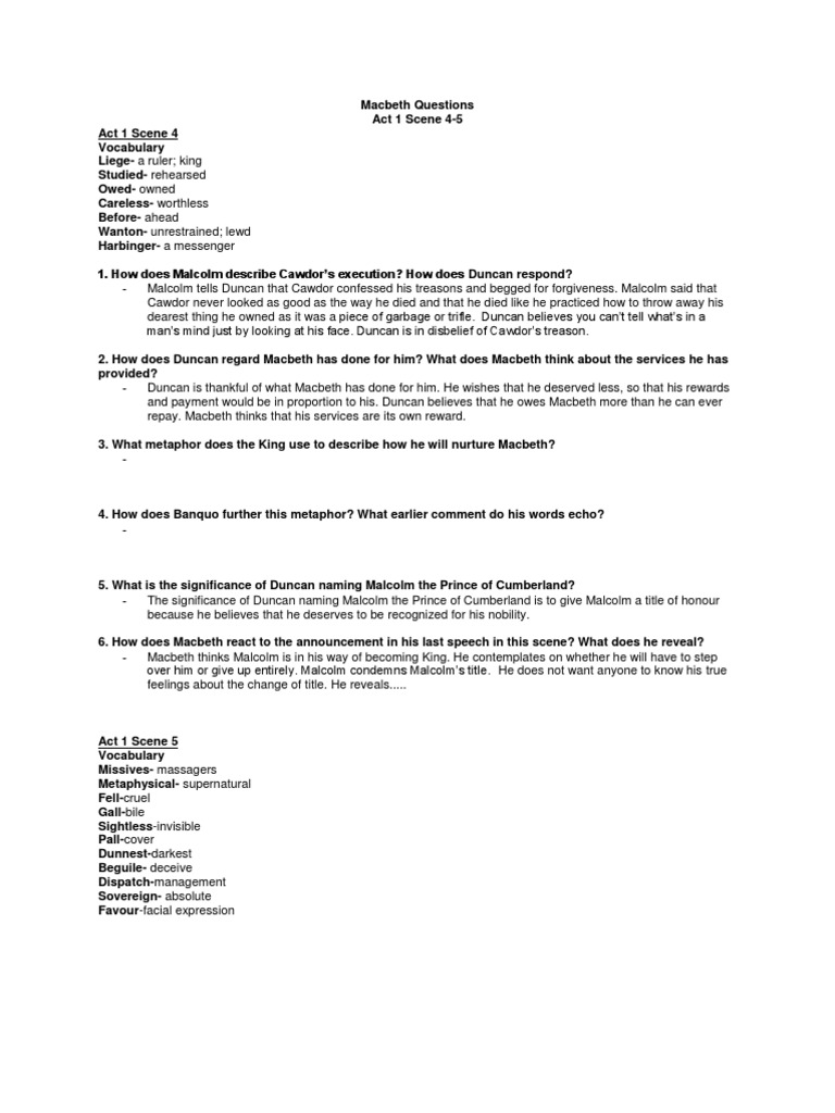 Macbeth Questions Act 1 Scene 4-5 | PDF | Macbeth | Shakespearean Tragedies