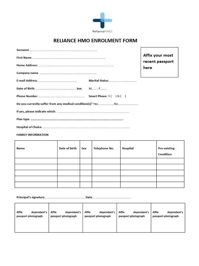 Reliance HMO Individual Registration Form | PDF