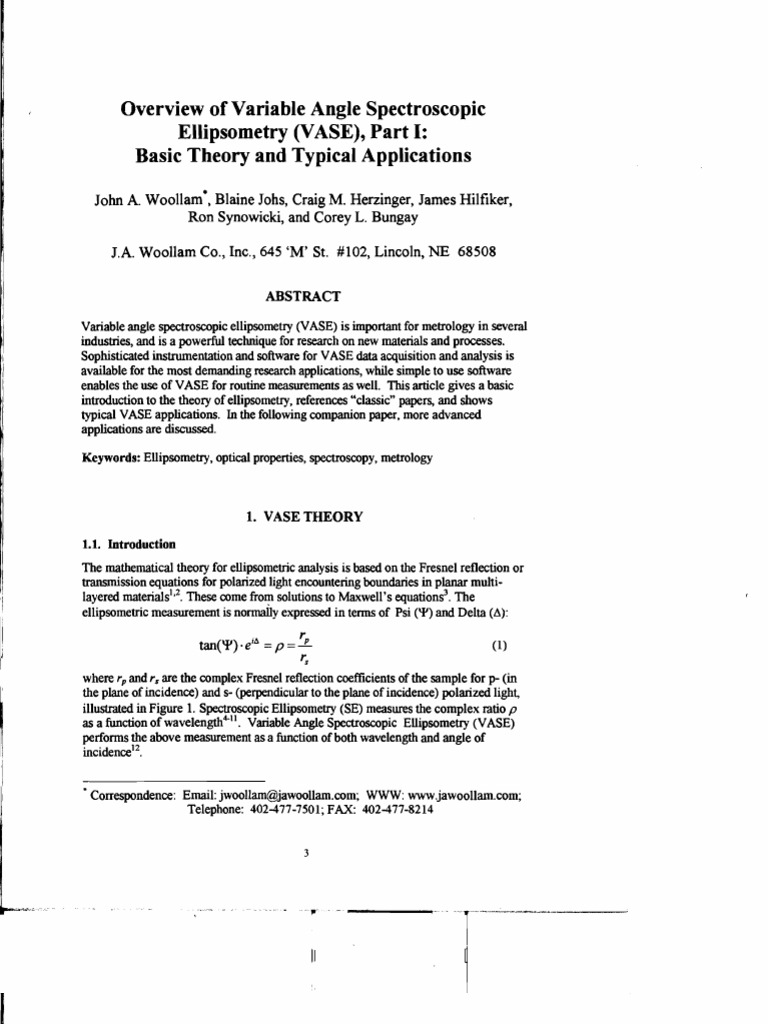 Overview of Variable Angle Spectroscopic Ellipsometry VASE, Part 1 | PDF | Optics | Applied And ...