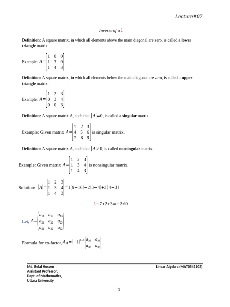 Lecture-07 (Inverse Matrix) | PDF | Matrix (Mathematics) | Functions ...