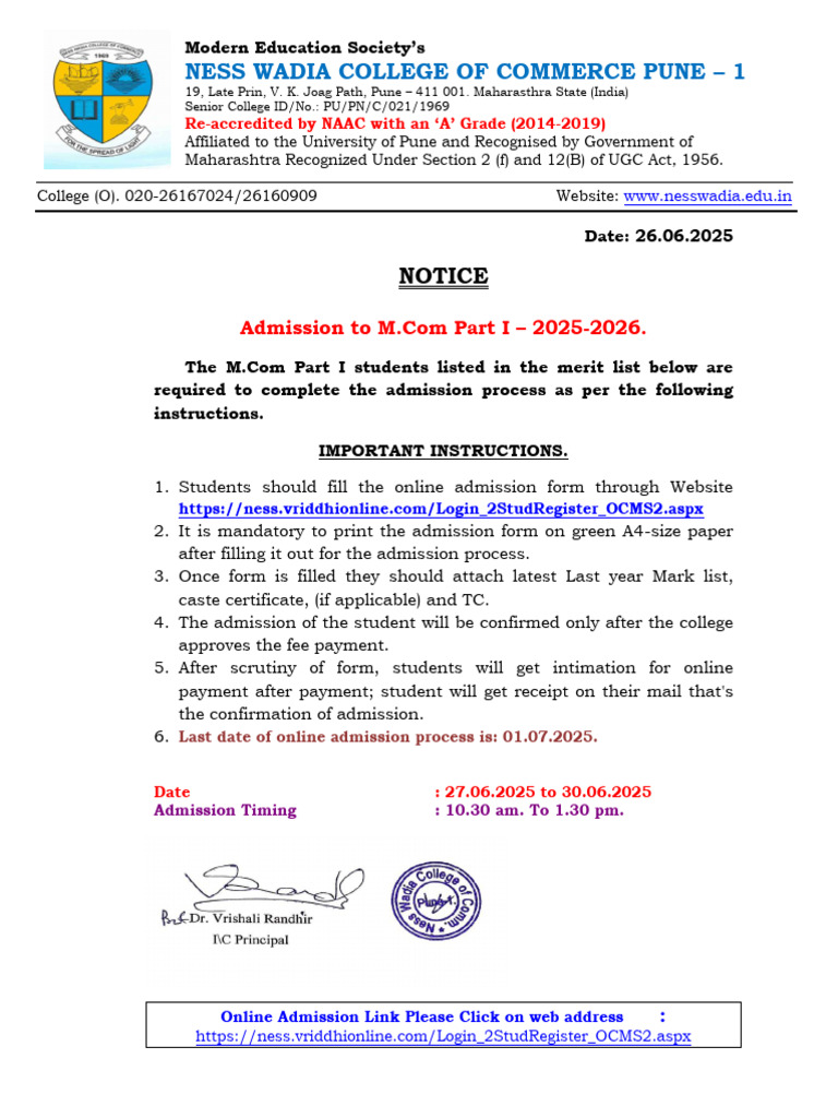 Notice. For MCom Part I Admission 1st Merit List 2025 26 | PDF