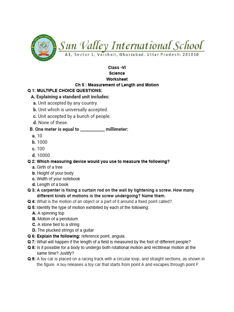 Types of Motion Worksheet for Class 6 | PDF | Units Of Measurement | Length