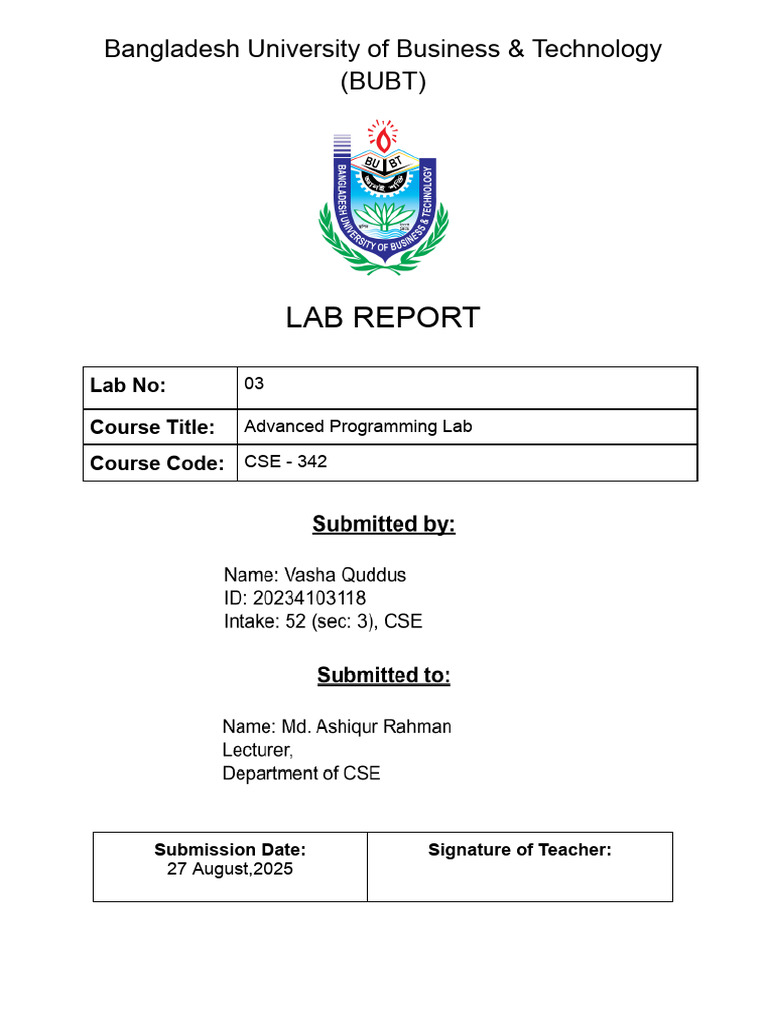 BUBT Advanced Programming Lab Reports | PDF
