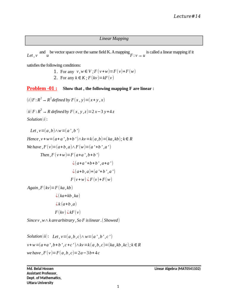 Lecture-14 (Linear Mapping) | PDF | Linear Map | Algebra