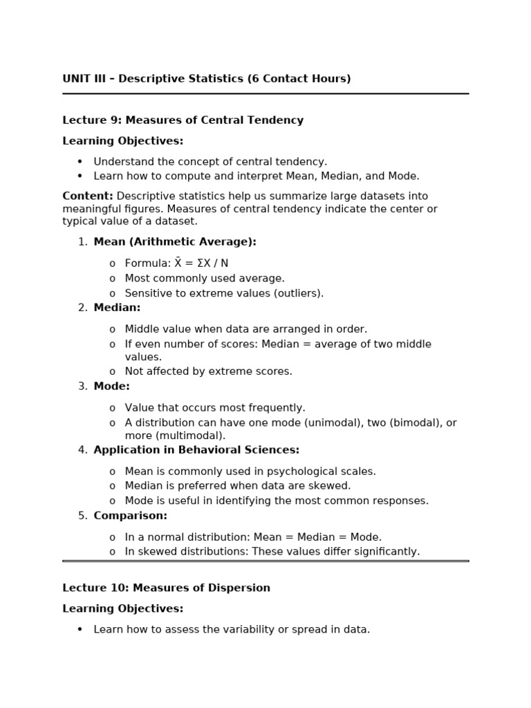Unit 3 Descriptive Statistics | PDF | Mode (Statistics) | Statistics