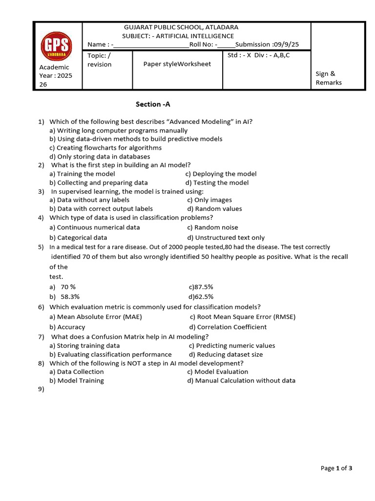 Class X Ai Paperstyle Worksheet Pdf Artificial Intelligence 9203