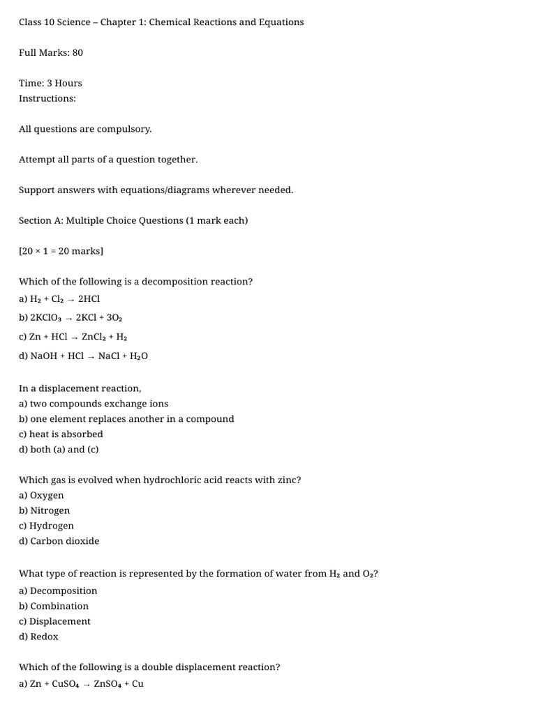 QP - Chemical Reactions and Equations | PDF | Chemical Reactions | Redox