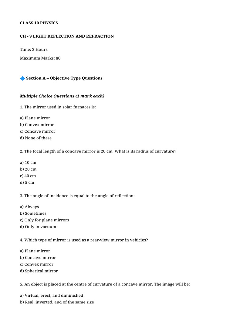QP - Light Reflection and Refraction | PDF | Mirror | Atomic