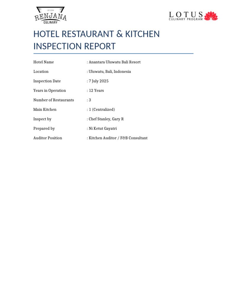 Anantara Uluwatu Restaurant Inspection Report | PDF | Kitchen | Restaurants
