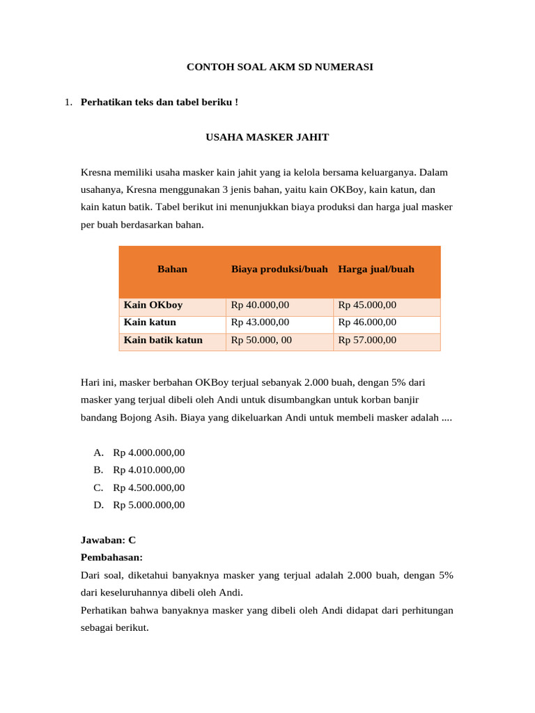Contoh Soal AKM SD NUMERAS1 | PDF