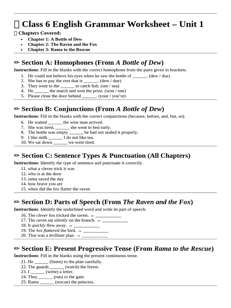 Class 6 English Grammar Worksheet Unit 1 | PDF | Grammar | Linguistics