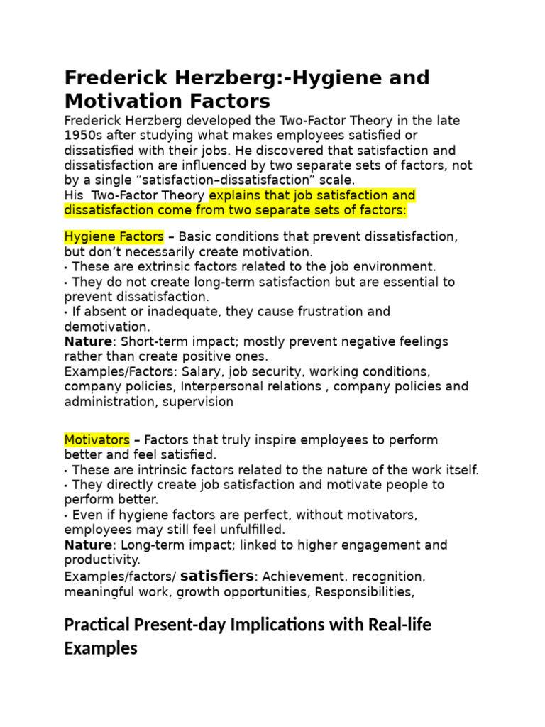 Frederick Herzberg-Hygiene and Motivation Factors | PDF | Job ...