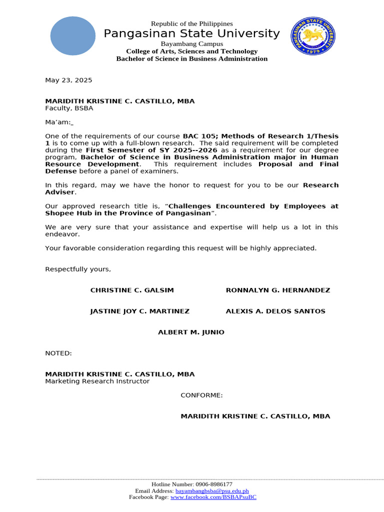 HRDM - BAC 105 - Request Letter For Research Adviser | PDF