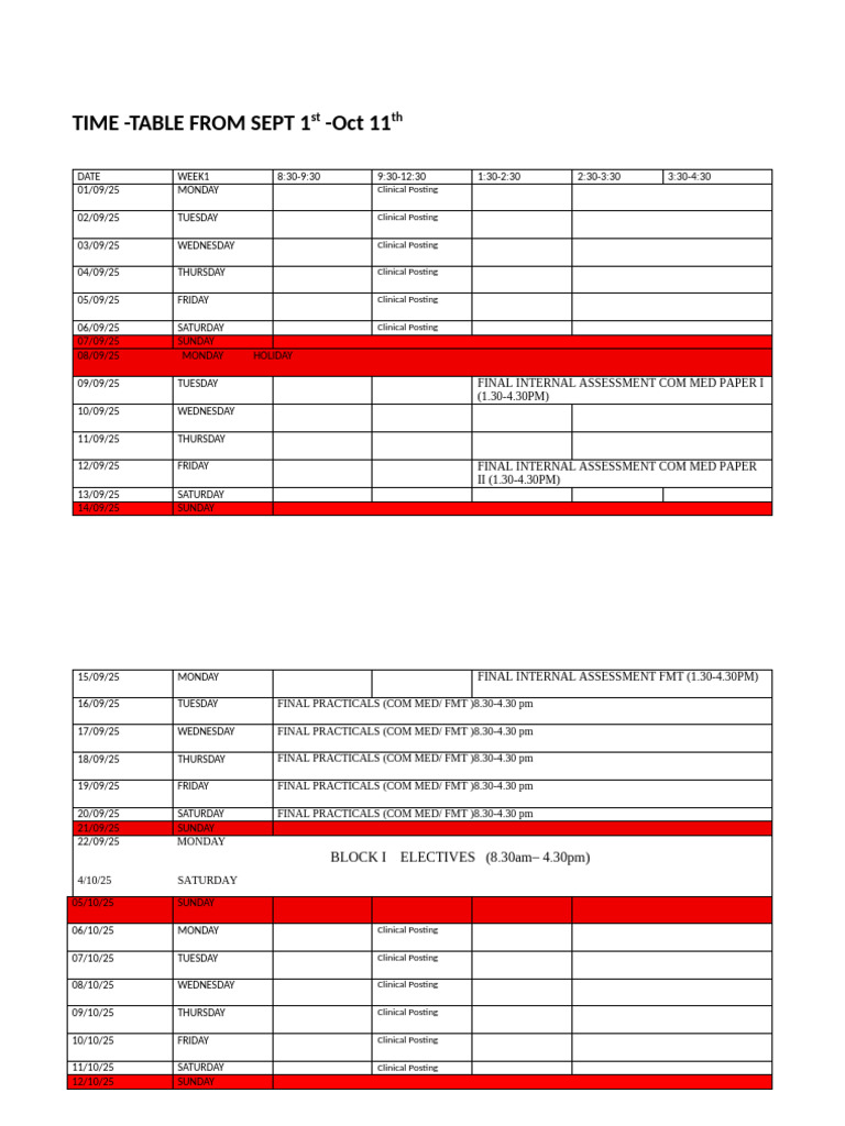 Time Table From Sept 1 ST To Oct 11th | PDF