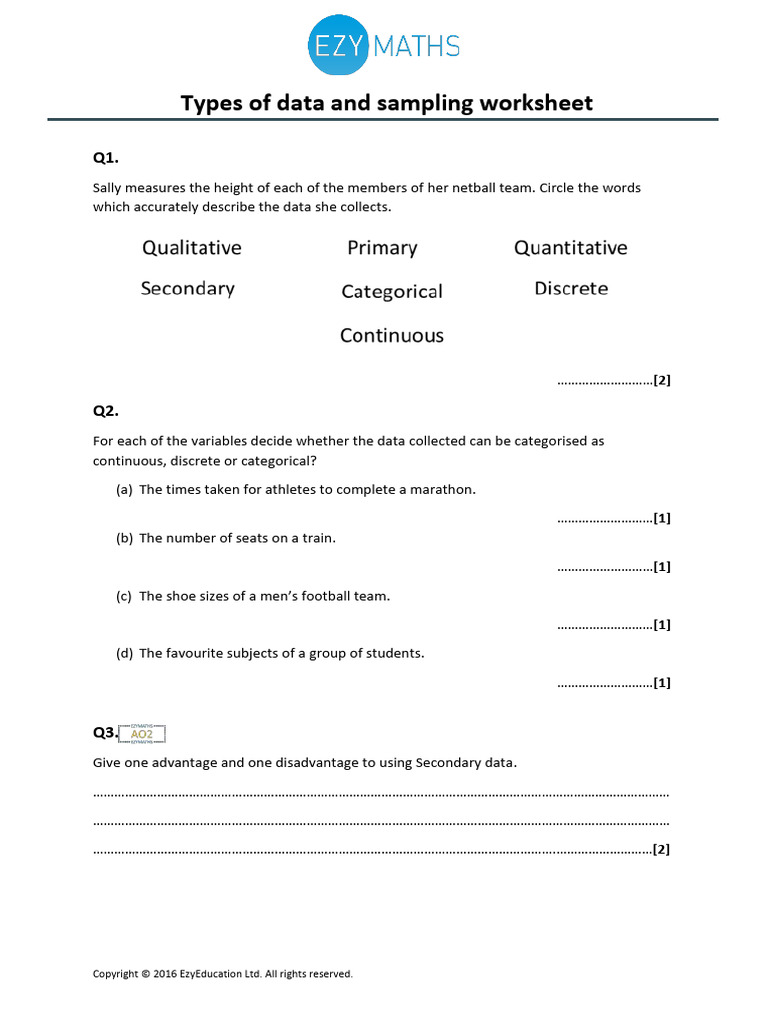 Data Types and Sampling Worksheet | PDF