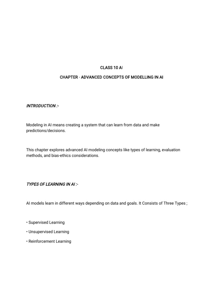 Advanced AI Modeling Concepts for Class 10 | PDF | Artificial ...