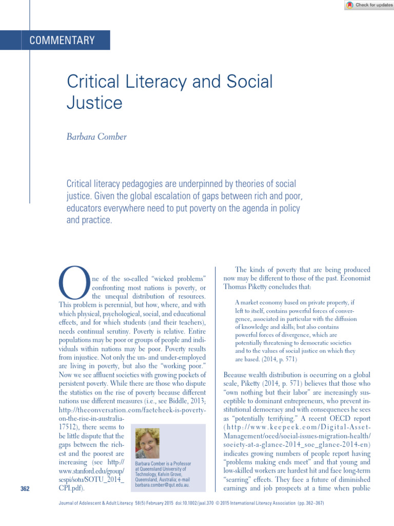 Comber - 2015 - Critical Literacy and Social Justice | PDF | Poverty ...