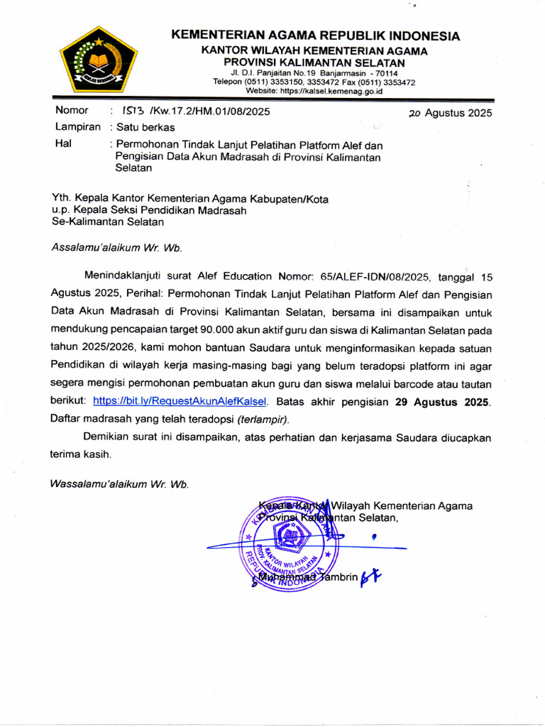 Permohonan TL Pelatihan ALEF Dan Pengisian Data Akun Madrasah_Lampiran | PDF