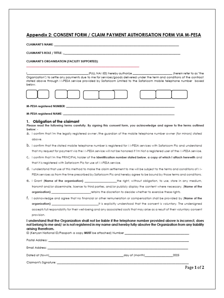 M-PESA Claim Payment Authorization Form | PDF | Consent | Information ...