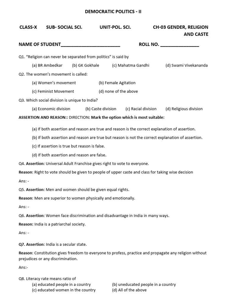 Gender, Religion, and Caste Worksheet | PDF | Equality Rights | Gender ...
