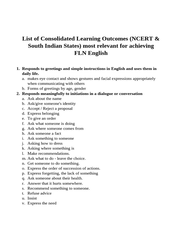 FLN English Learning Outcomes Guide | PDF | Word | Object (Grammar)
