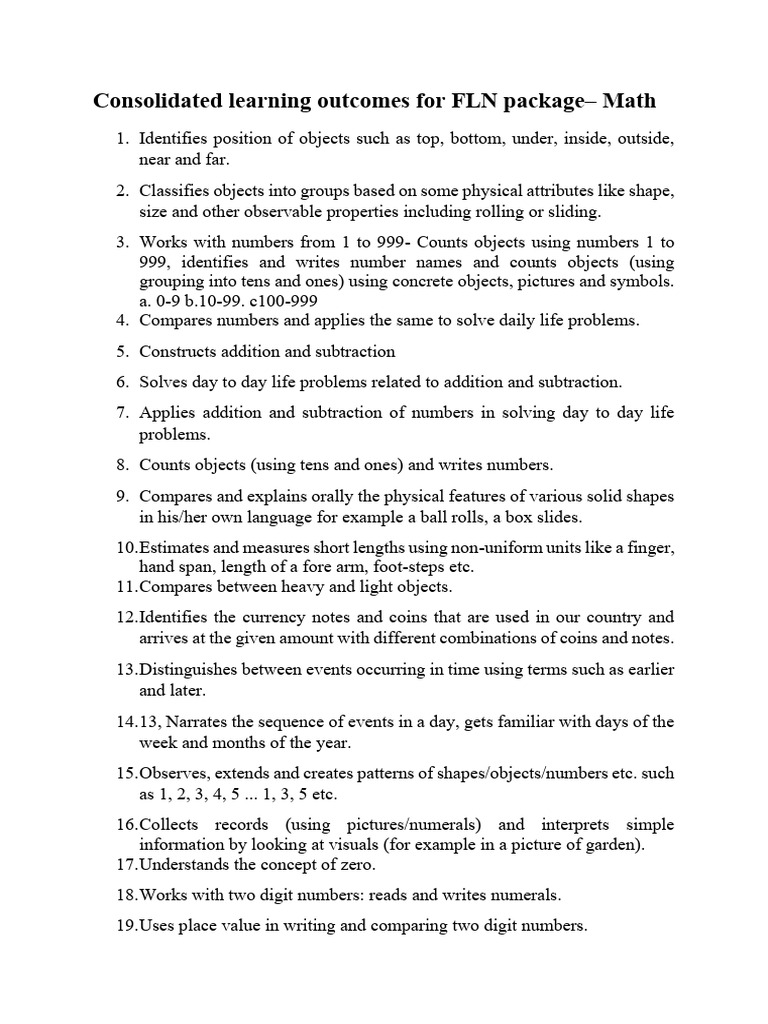 FLN Math Learning Outcomes Summary | PDF | Numbers | Mathematics