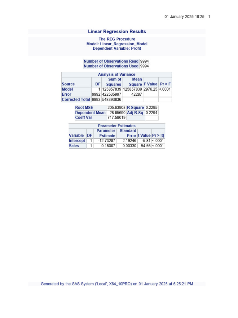Sas Report Linear Regression Regression First Pdf 0720