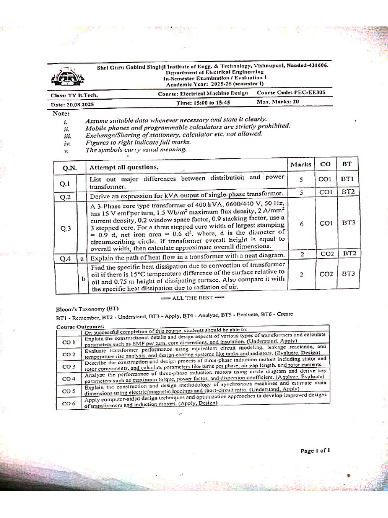 Solution of ISE-1 of Electrical Machine Design | PDF