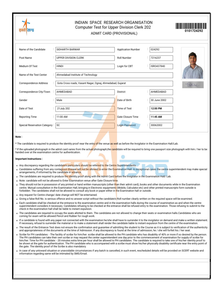 SSC CHSL & ISRO Exam Admit Card Info | PDF
