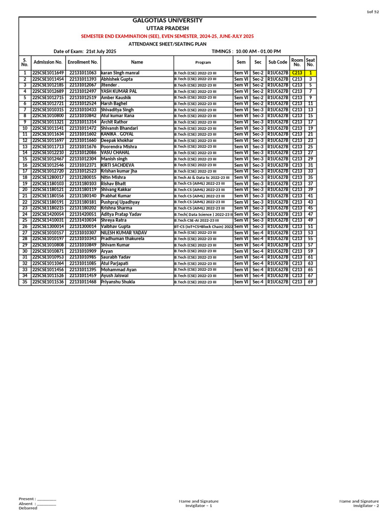 Seating Plan 21 July 2025 (Morning Shift) | PDF