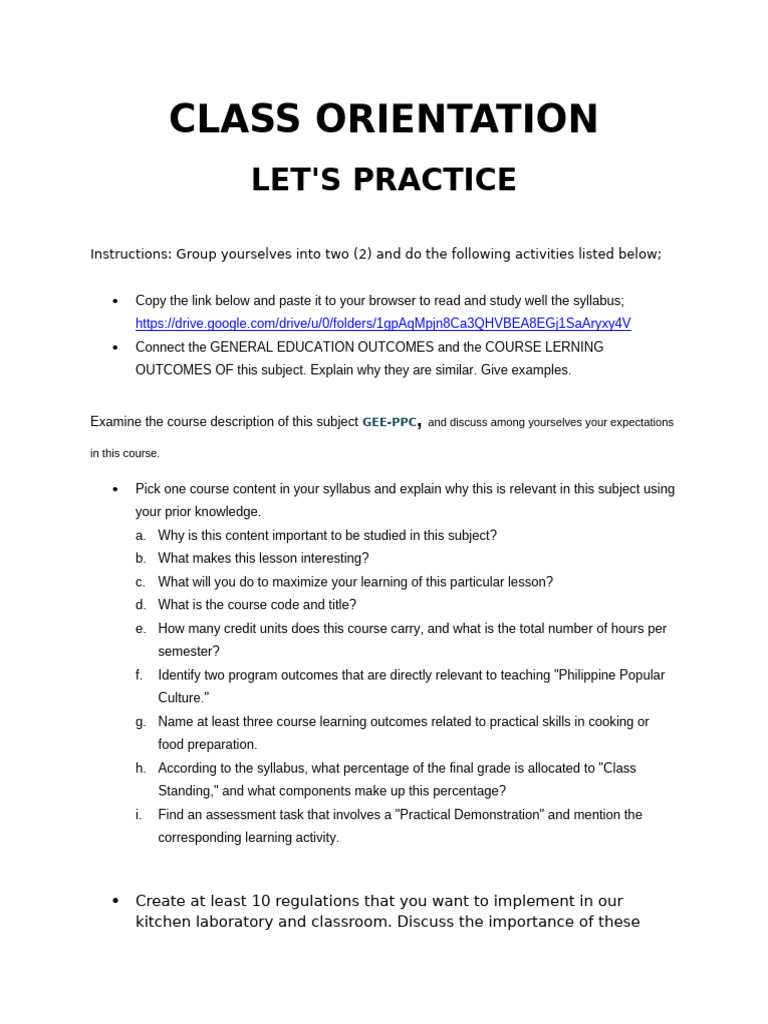 PPC Class Orientation Activity 2 | PDF