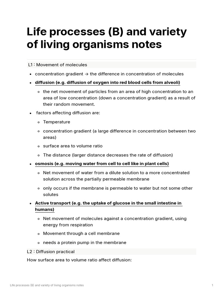 Life Processes and Organism Variety Notes | PDF | Diffusion | Stem Cell
