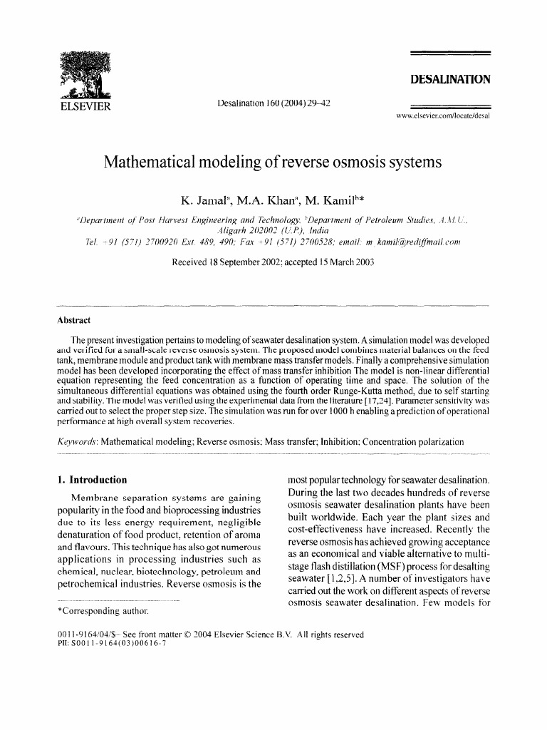 Mathematical Modeling of Reverse Osmosis Systems | PDF | Membrane | Osmosis