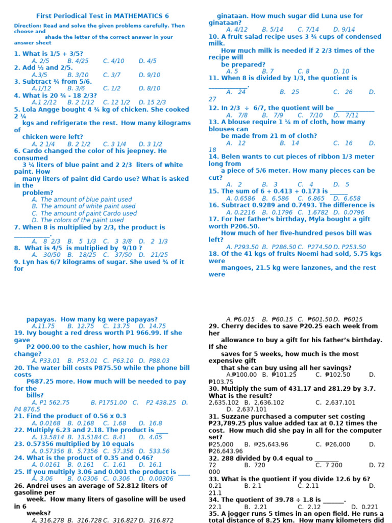 Math 6 First Periodical Test | PDF
