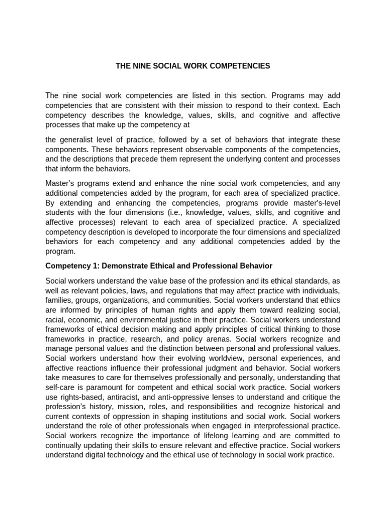 Nine Core Competencies in Social Work | PDF | Social Work ...