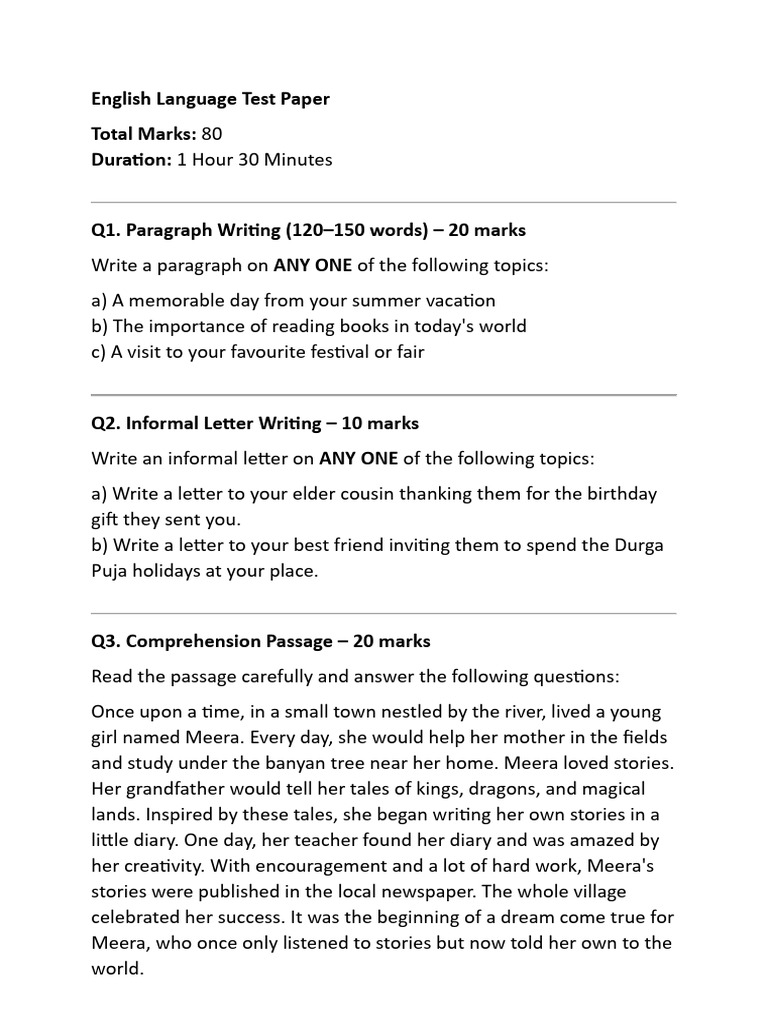 English Language Test Paper | PDF | Linguistics | Syntax