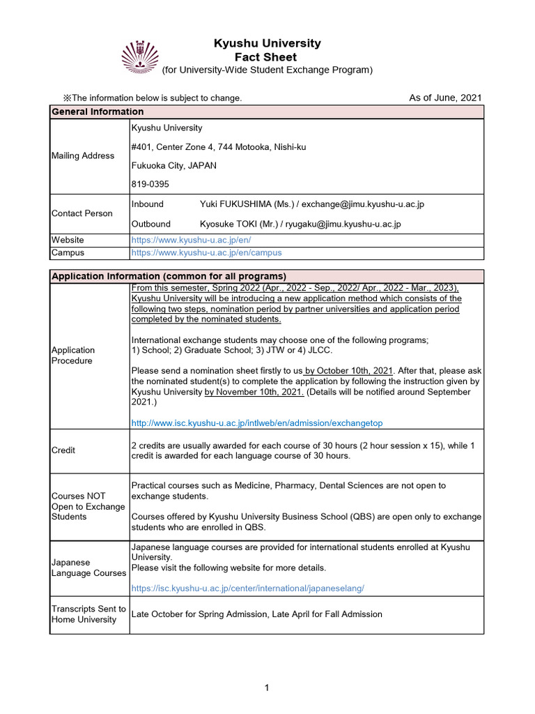Kyushu Fact Sheet 2021-2022 | PDF | University And College Admission | Educational Stages