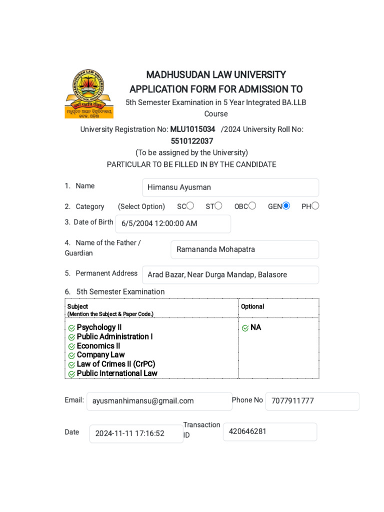 Madhusudhan Law - Application-Form | PDF