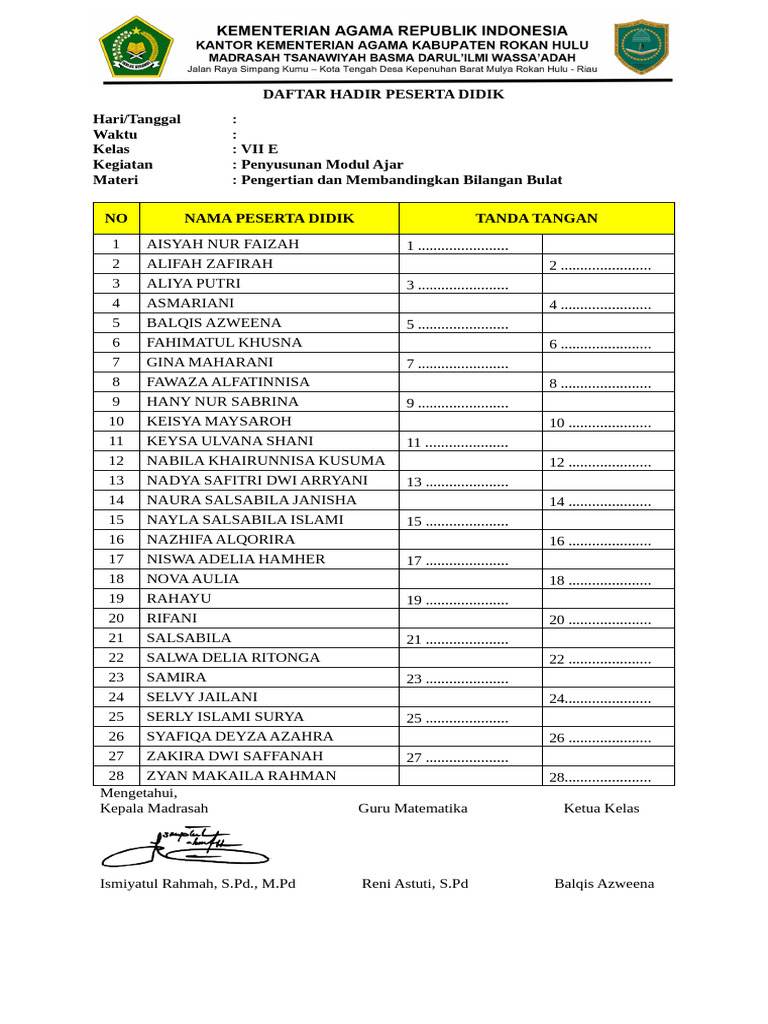 Daftar Hadir Peserta Didik Kelas VII E & IX C | PDF