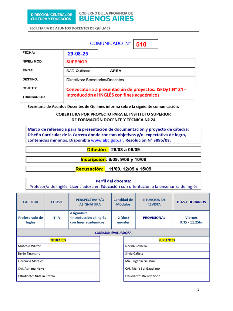 Comunicado 510 - Isfdyt 24 Presentación de Proyectos - Profesorado de ...