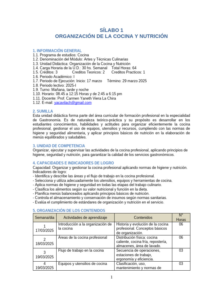 Silabo 1 organizacion cocina nutricion-M1 T.CULINARIAS.-VIERA YANETH 2025-1 | PDF | Cocina ...