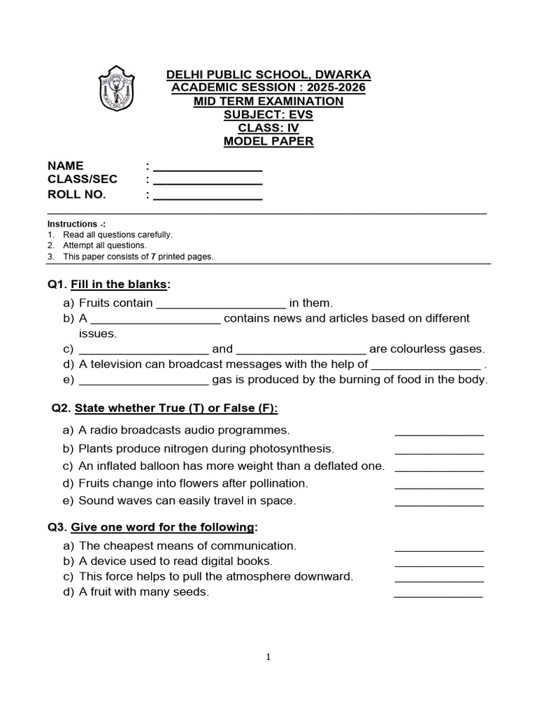 EVS Class IV Mid Term Exam Model Paper | PDF | Plants | Botany