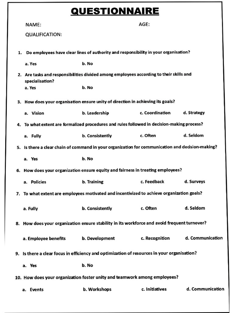 Sample Questionnaire For Principles of Management Project Work | PDF
