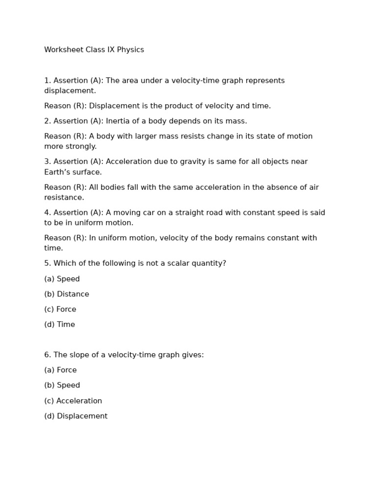 Worksheet Class IX Physics | PDF | Acceleration | Force