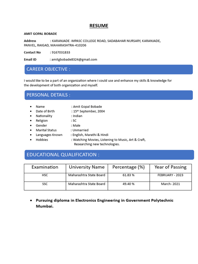 Amit Gopal Bobade Resume 2023 | PDF