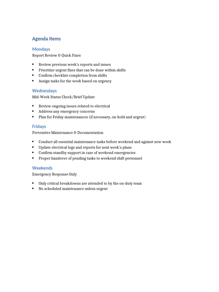 Electrical Facilities Weekly Agenda | PDF