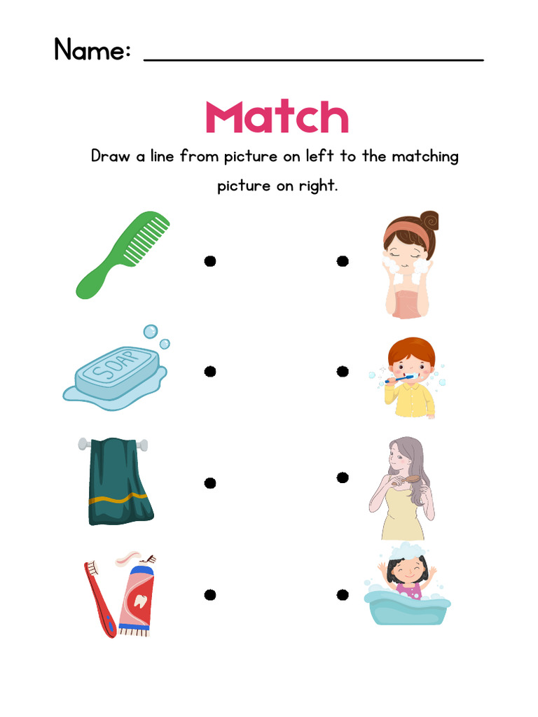 Colorful Illustrative Hygiene Objects Matching Worksheet | PDF